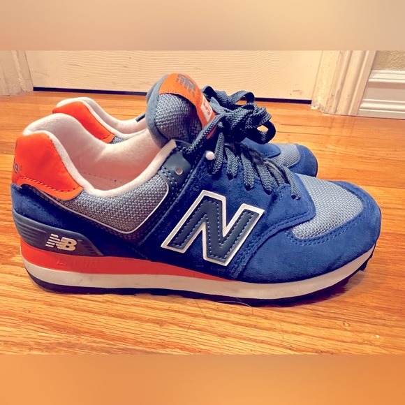 Shoes | New Balance 574 Navy Blue Orange Suede Sneakers | Poshmark